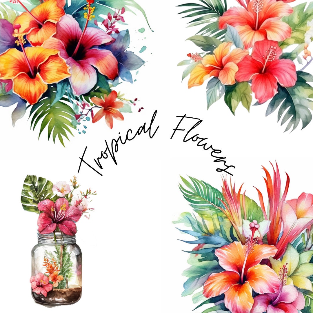 Watercolor Tropical Flowers Clip Art, Summer Floral, Wedding Clip Art ...