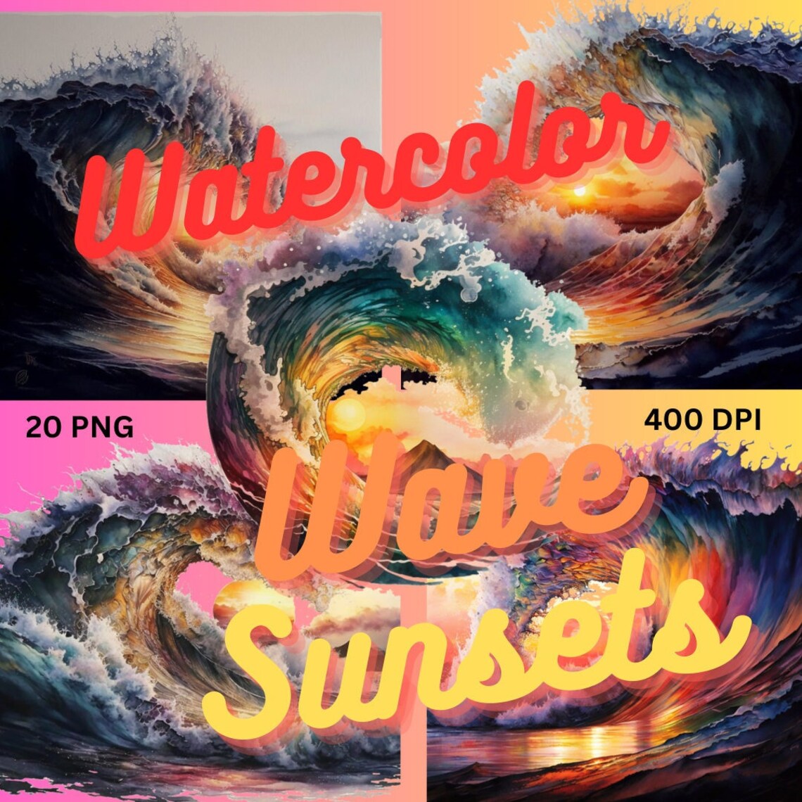Wave Sunset Png Clipart, Watercolor Beach, Digital Download, Colorful ...