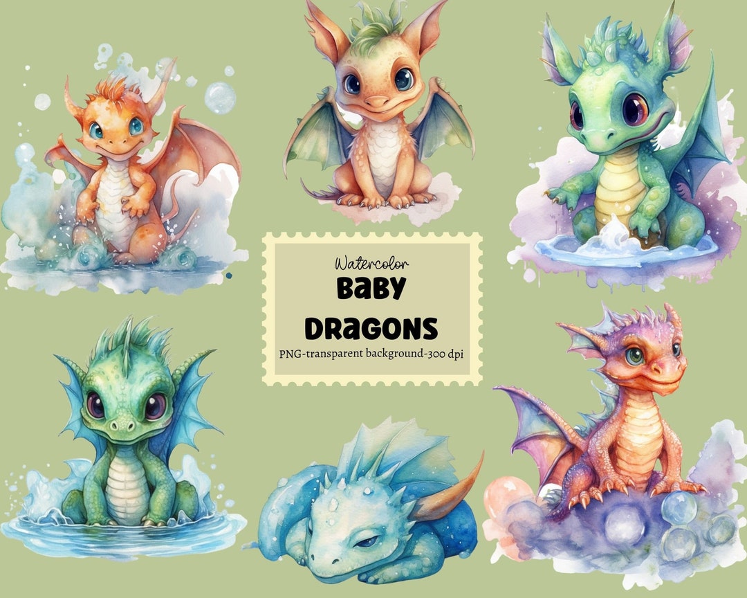 24 PNG Watercolor Baby Dragon Clipart Bundle, Fantasy Fairy Tale Baby ...