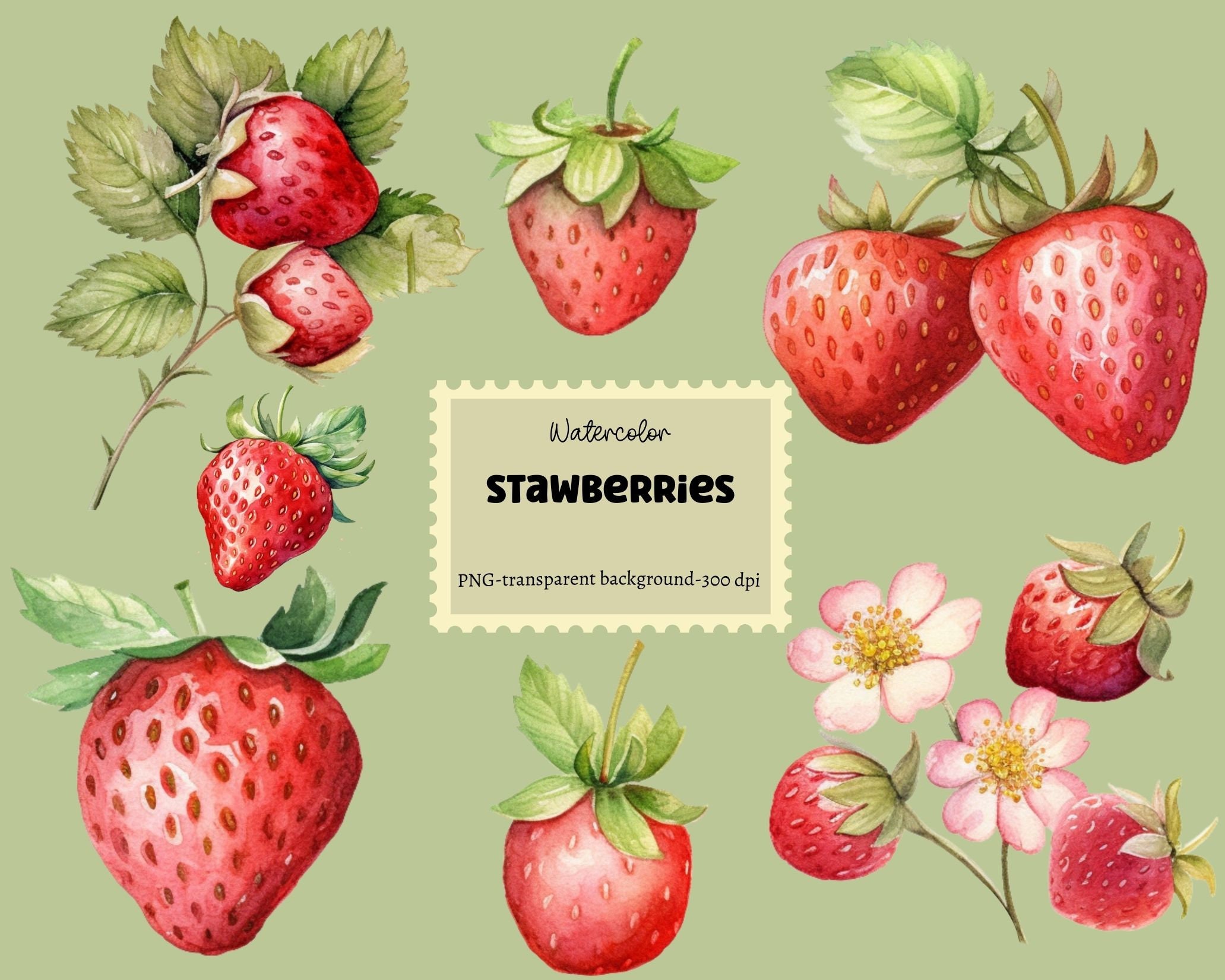 48 PNG Watercolor Strawberry Bundle, Commercial Use PNG, Strawberry PNG ...