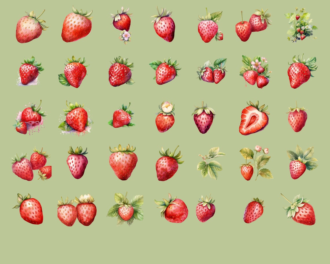 48 PNG Watercolor Strawberry Bundle, Commercial Use PNG, Strawberry PNG ...