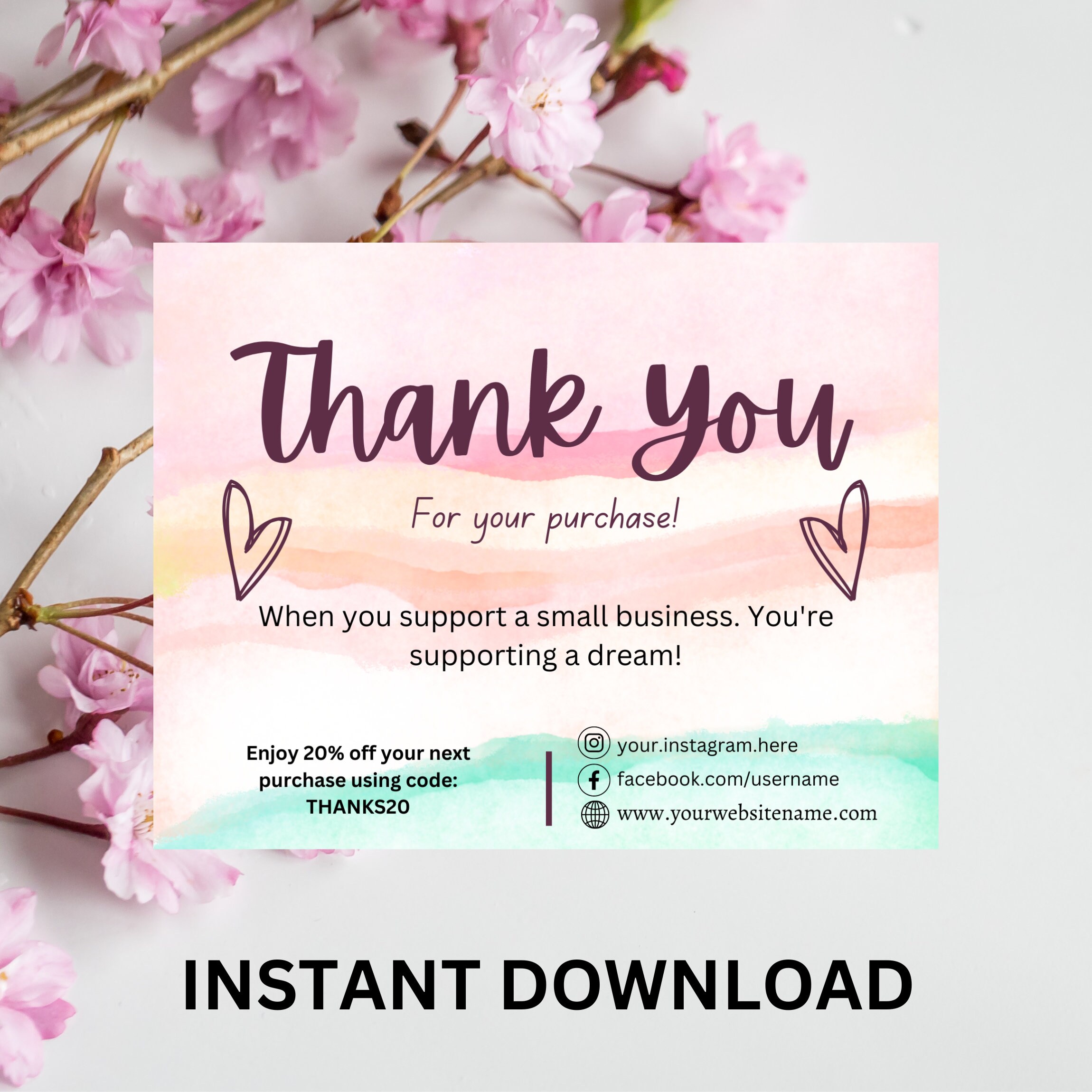 Electronic Thank You Cards, Printable Thank You Card, Small Business ...