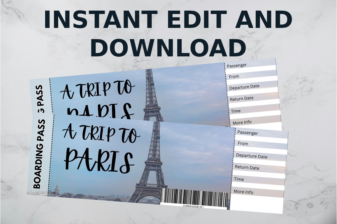Paris Boarding Pass Ticket, Printable Airline Ticket Trip Reveal ...