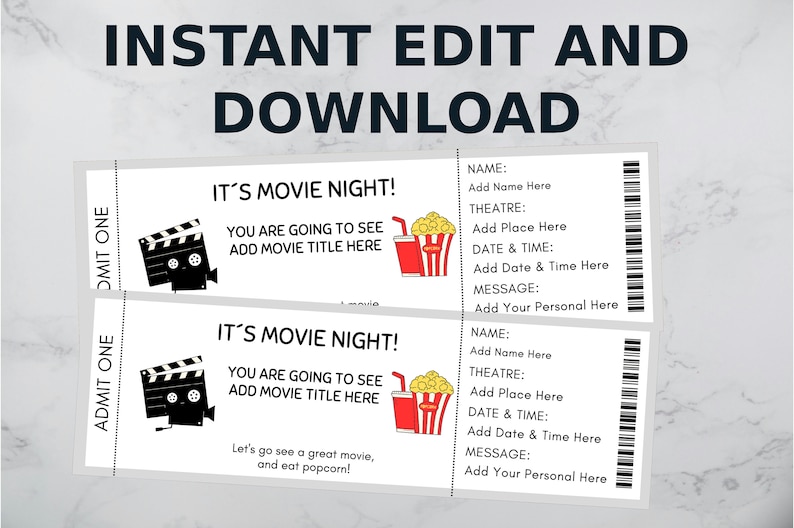 Printable MOVIE Gift Tickets. Cinema Themed Gift Reveal Ticket ...