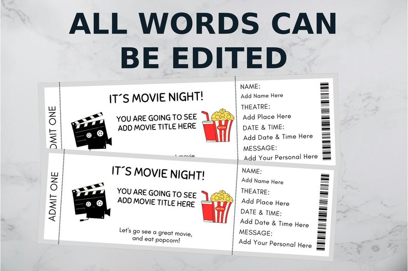 Printable MOVIE Gift Tickets. Cinema Themed Gift Reveal Ticket ...
