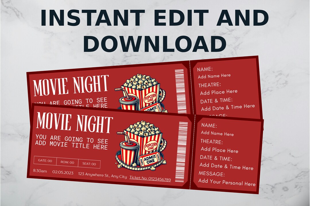 Printable MOVIE Gift Tickets. Cinema Themed Gift Reveal Ticket ...