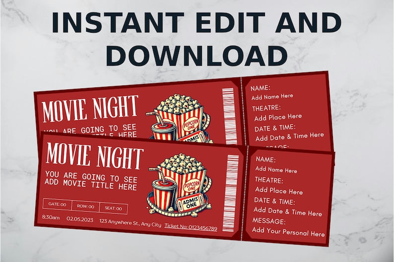 Printable MOVIE Gift Tickets. Cinema Themed Gift Reveal Ticket ...