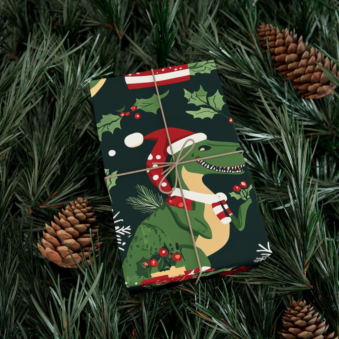 Dinosaur Christmas Wrapping Paper | Festive Dino Holiday Gift Wrap ...
