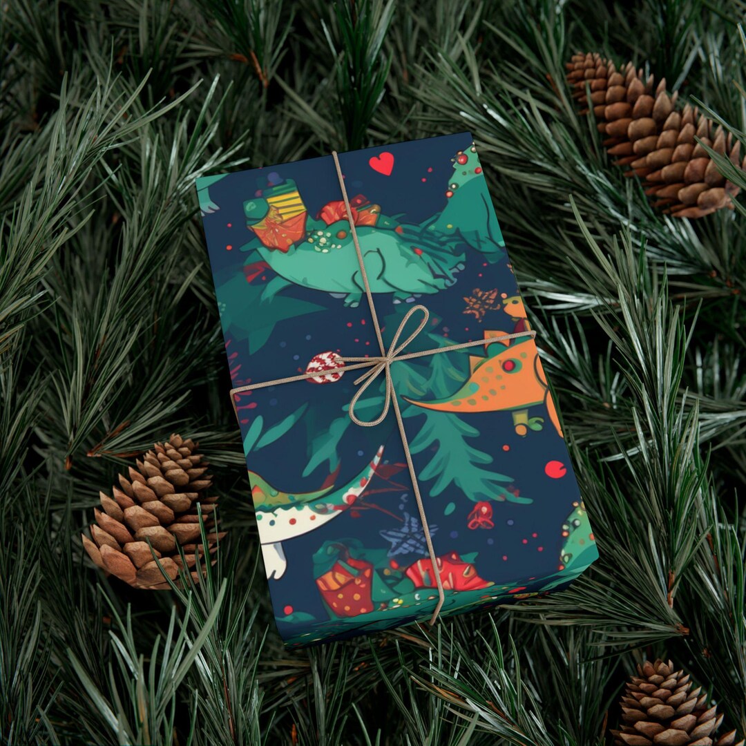 Dino-mite Christmas Dinosaurs Gift Wrap Papers | Navy Holiday Wrapping ...