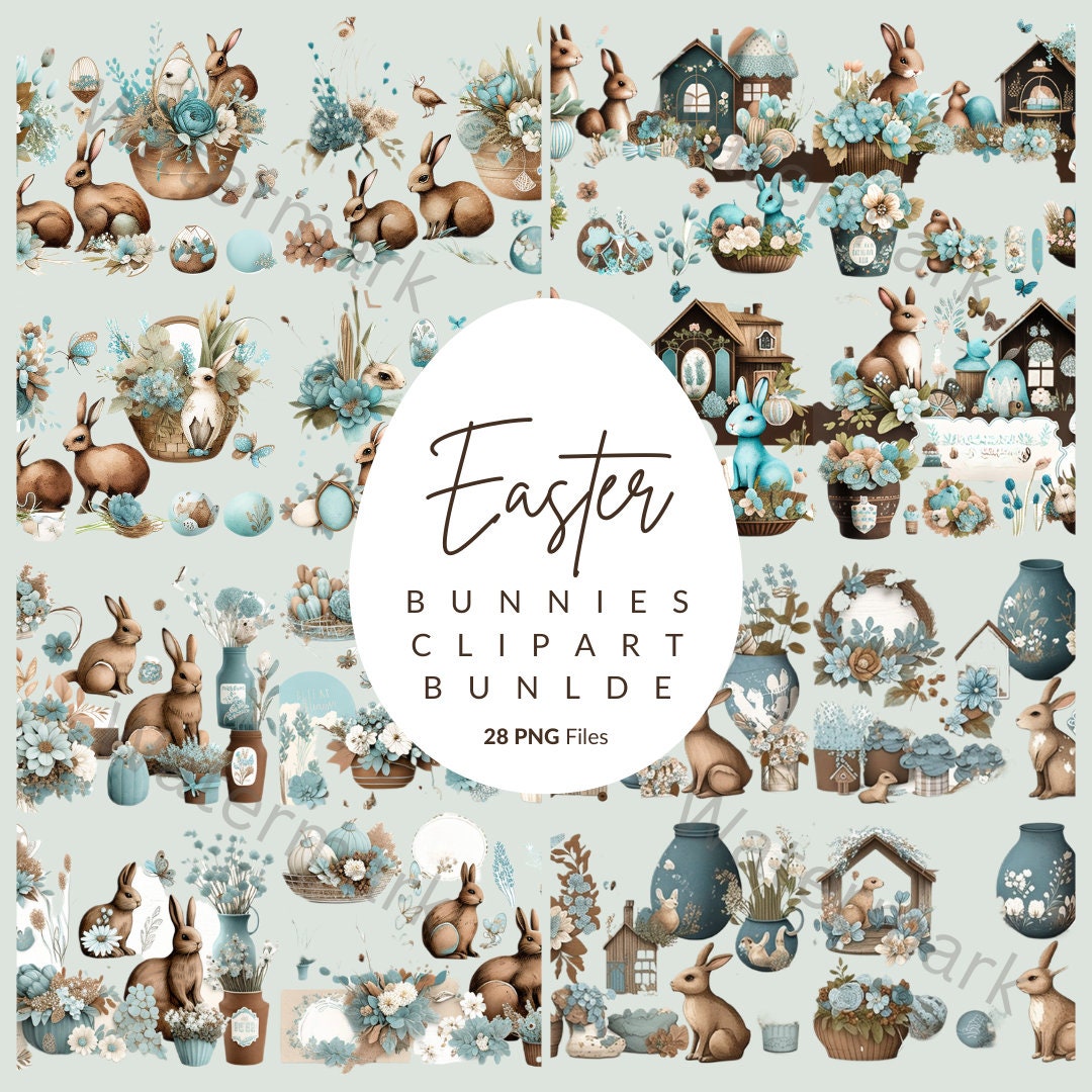 Easter Bunnies Watercolor Clipart PNG Bundle. AI Illustration. Instant ...