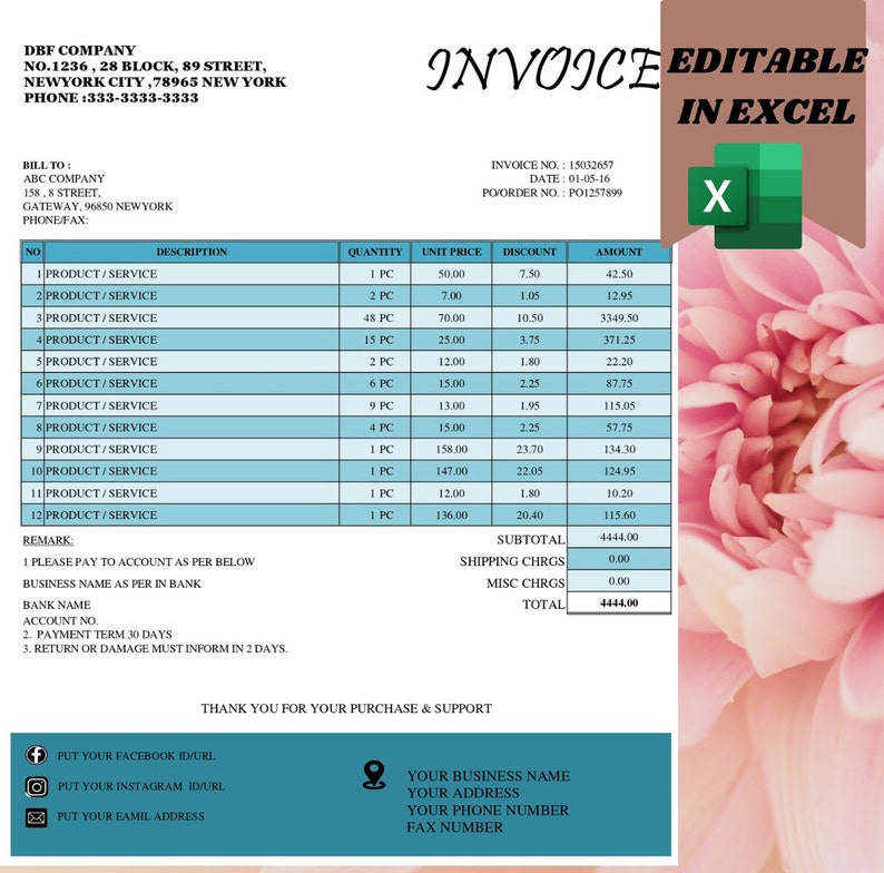 Invoice Template Excel, Invoice Template for Small Business, Editable ...