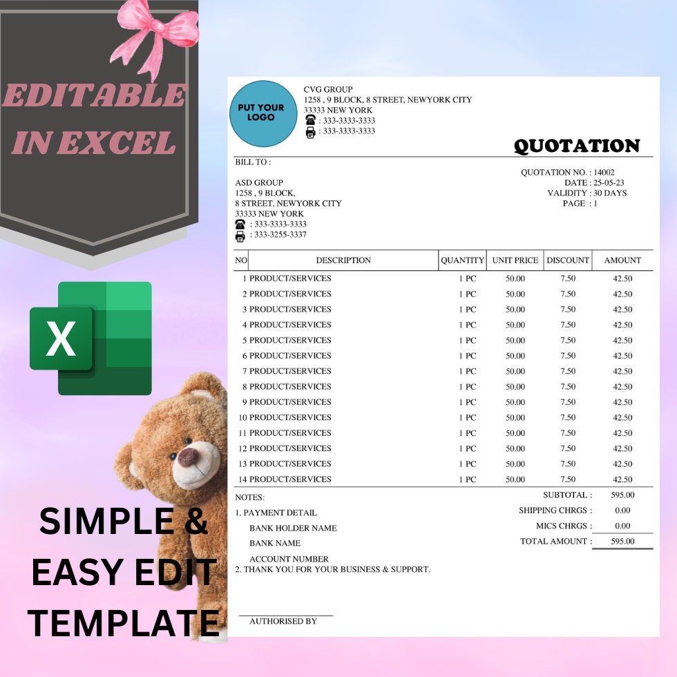 Excel Quotation Template: Editable Business Form - Etsy
