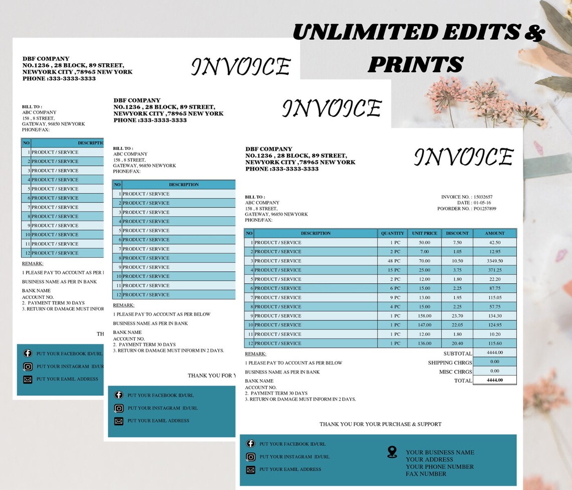 Invoice Template Excel, Invoice Template for Small Business, Editable ...