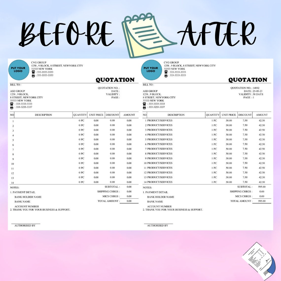 Excel Quotation Template: Editable Business Form - Etsy