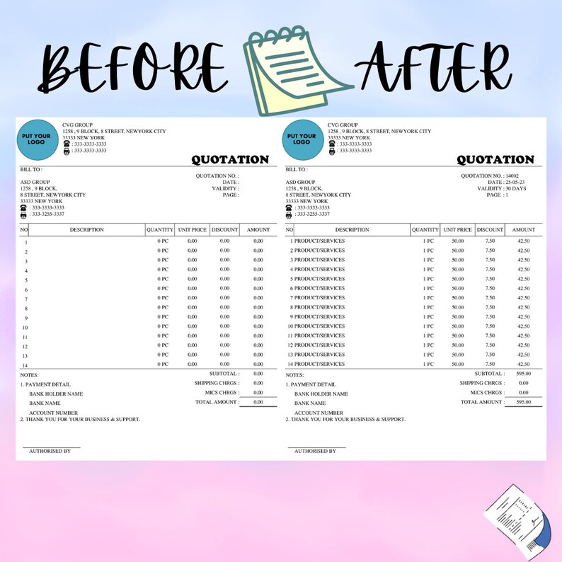 Excel Quotation Template: Editable Business Form - Etsy
