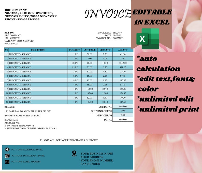 Invoice Template Excel, Invoice Template for Small Business, Editable ...