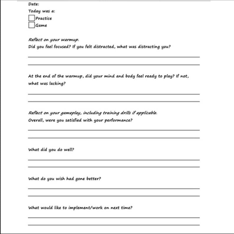 Sports Reflection Journal (printable and Template) for Practice ...