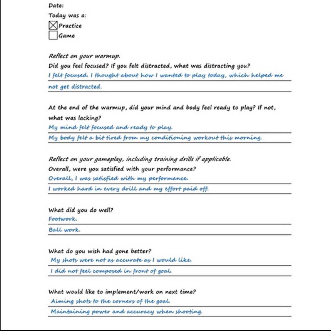 Sports Reflection Journal (printable and Template) for Practice ...