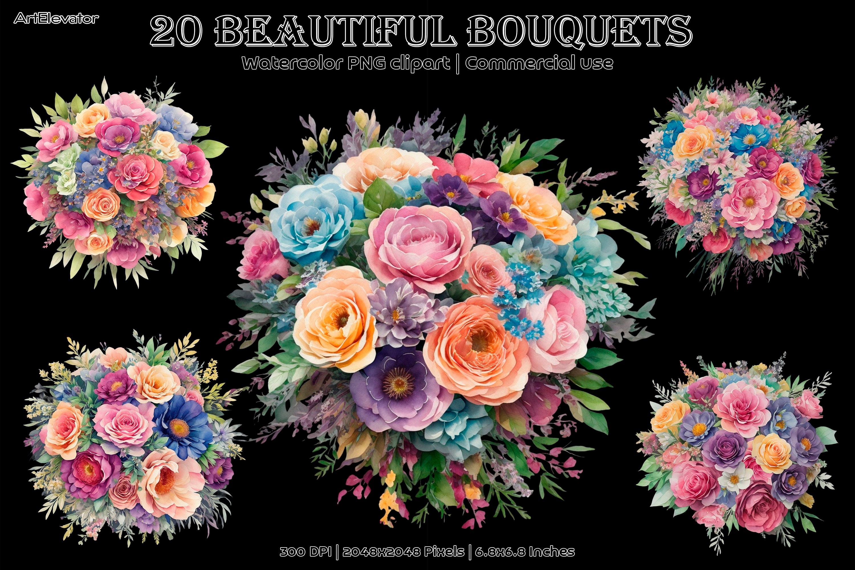 Watercolor Beautiful Bouquets Clipart Bundle, 20 Transparent PNG ...