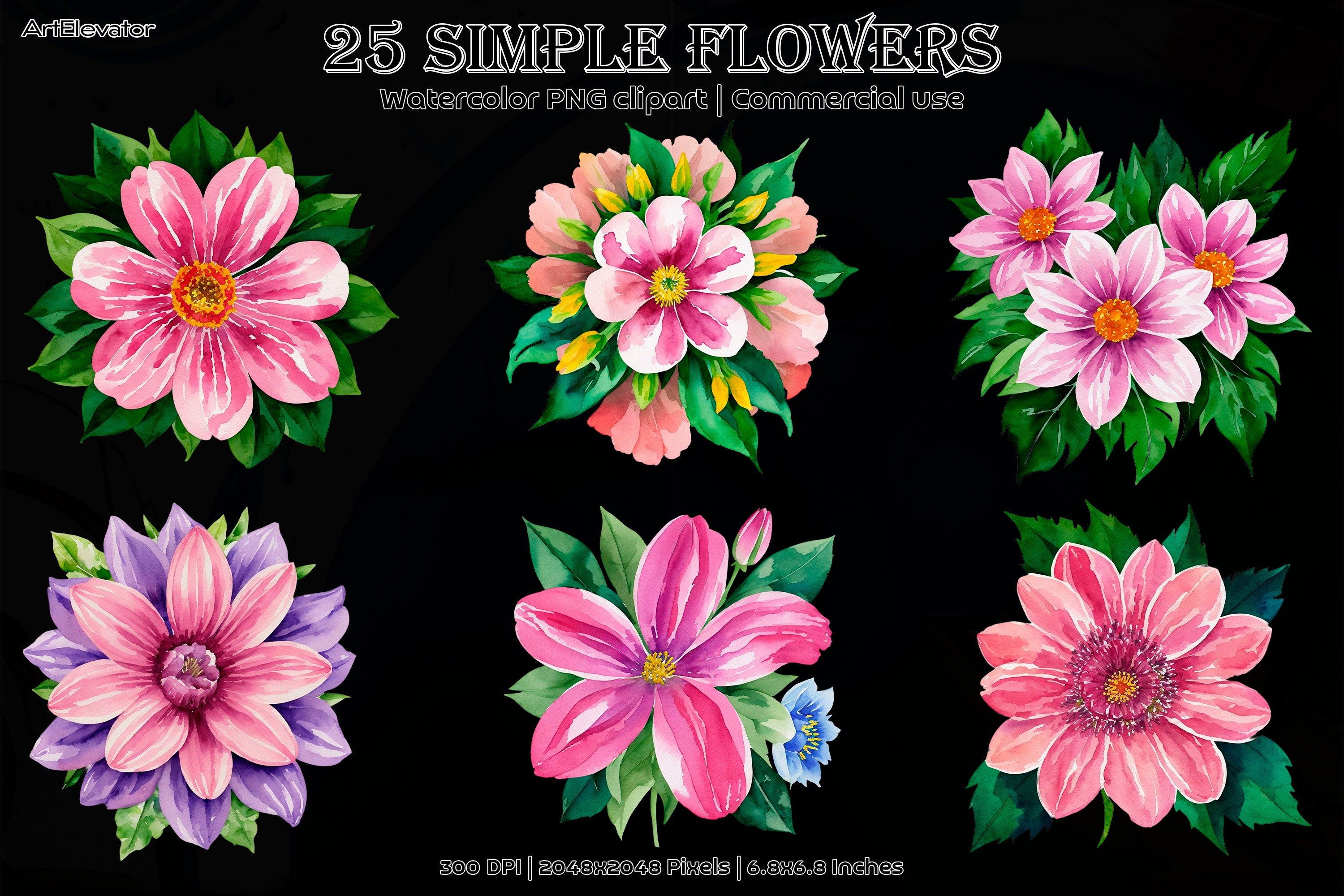 Watercolor Simple Flowers Clipart Bundle, 25 Transparent PNG Clipart ...
