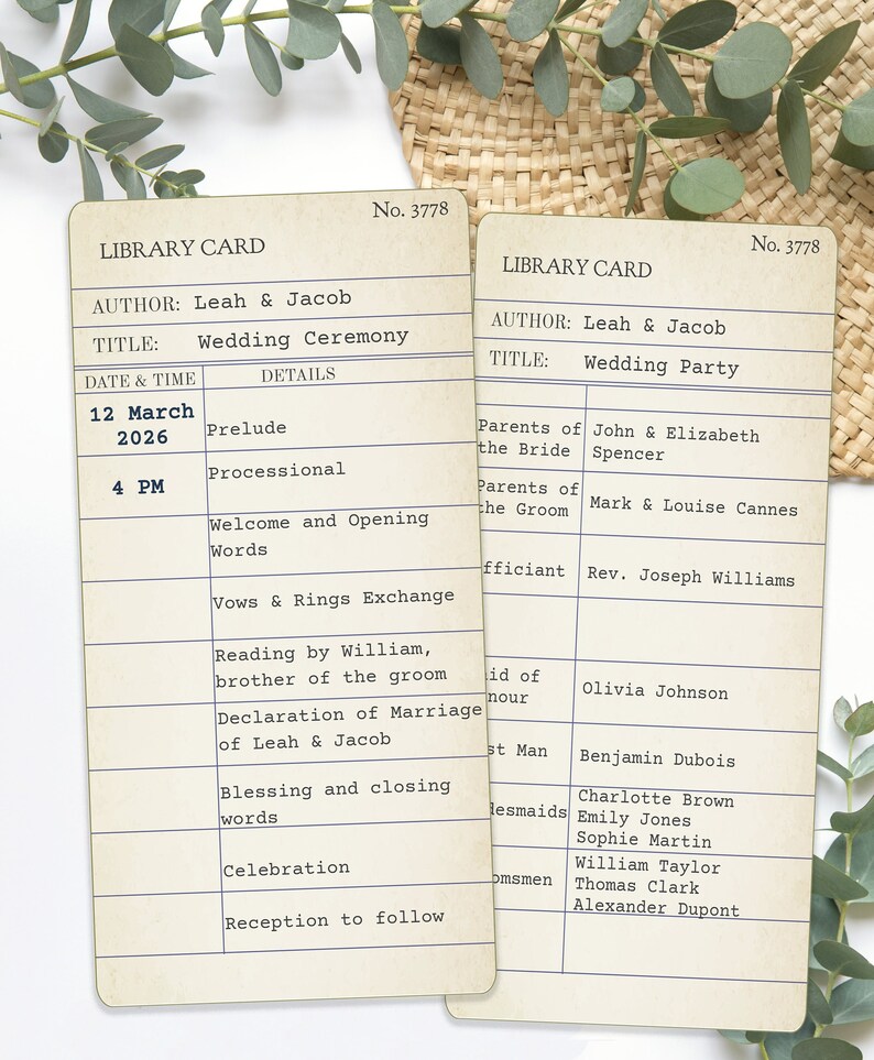 Library Card Wedding Program Template: Book Theme (easy to Edit ...