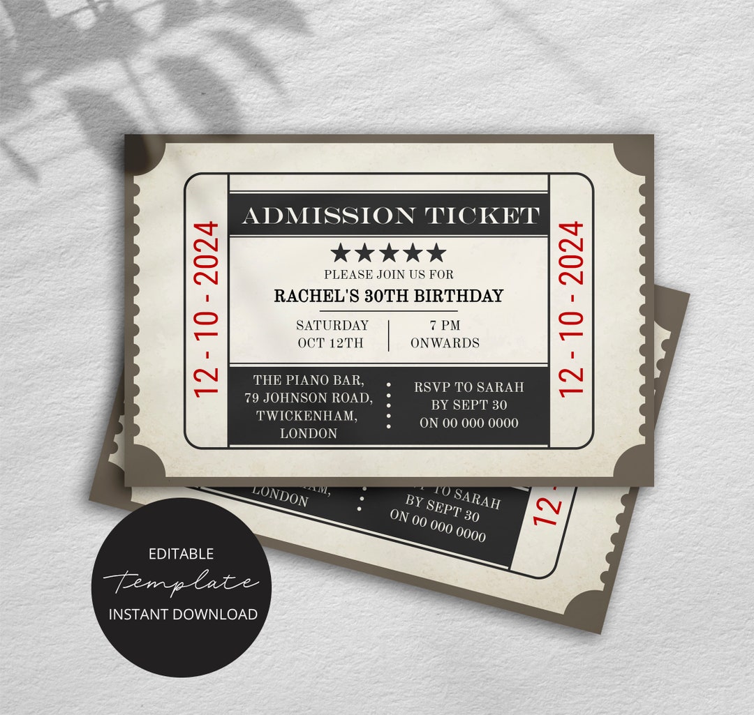 Ticket Party Invitations, Vintage Ticket Style Invite Editable Template ...