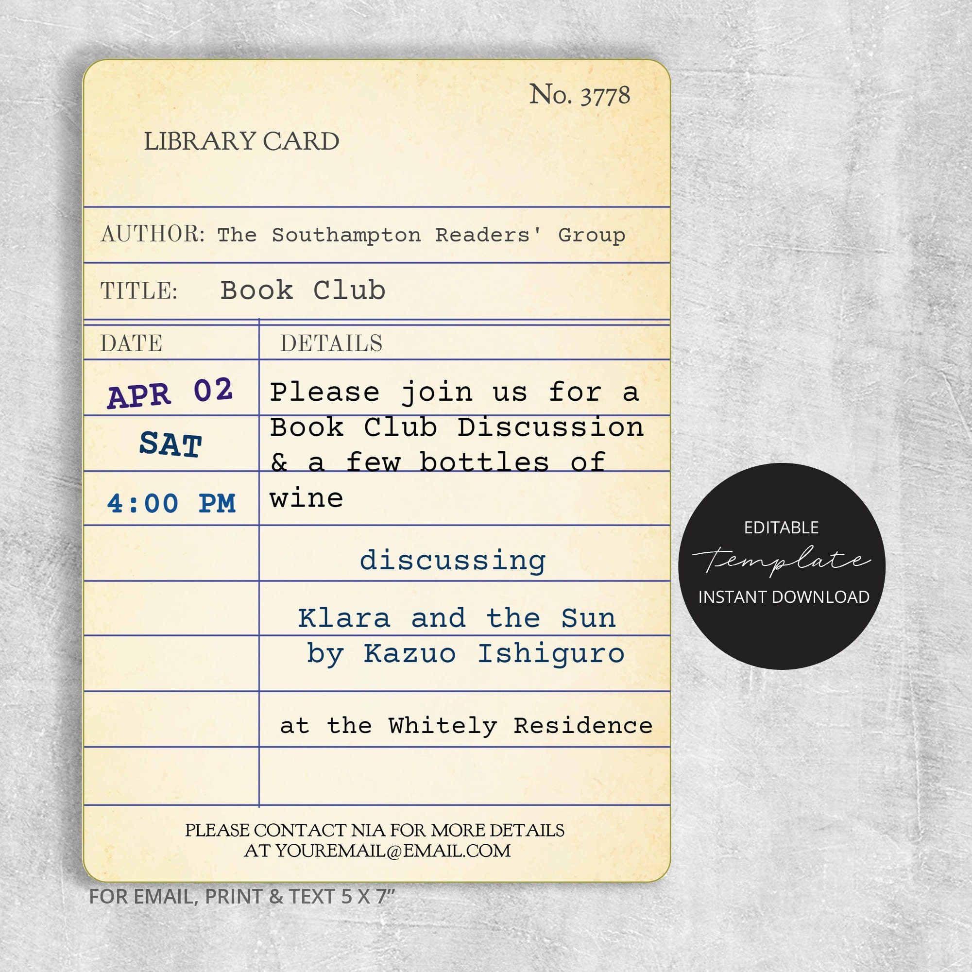 Editable BOOK CLUB Invitation Template, Vintage Library Card Invite ...