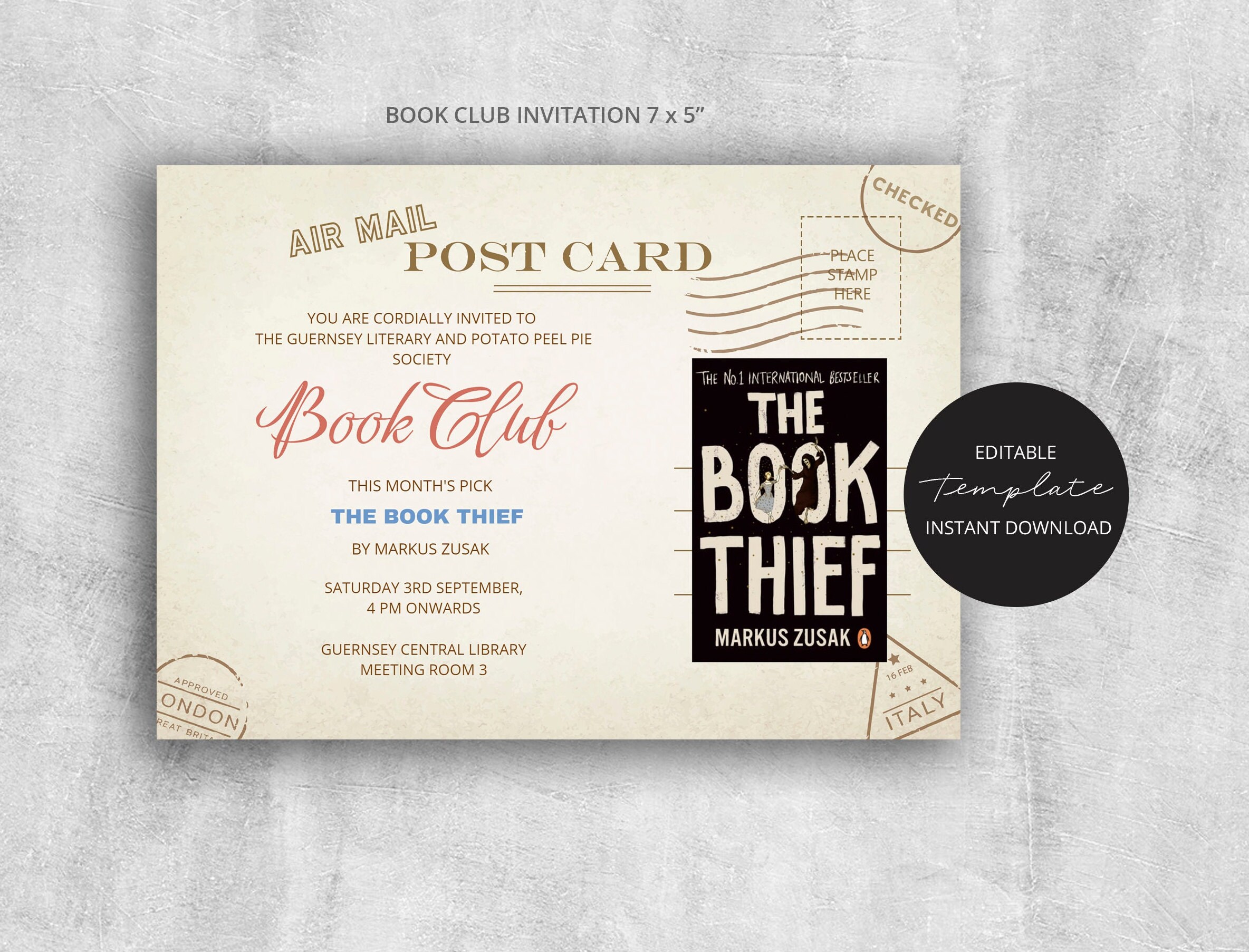 Editable BOOK CLUB Invitation, Vintage Postcard Invite, Editable Book ...
