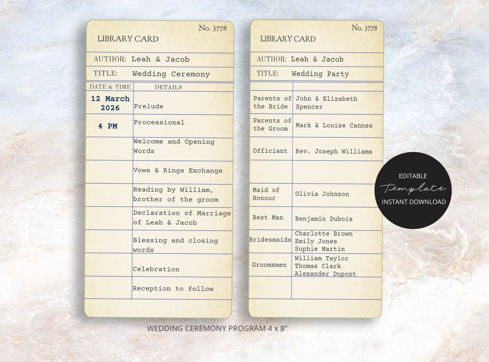 Library Card Wedding Program Template: Book Theme (easy to Edit ...