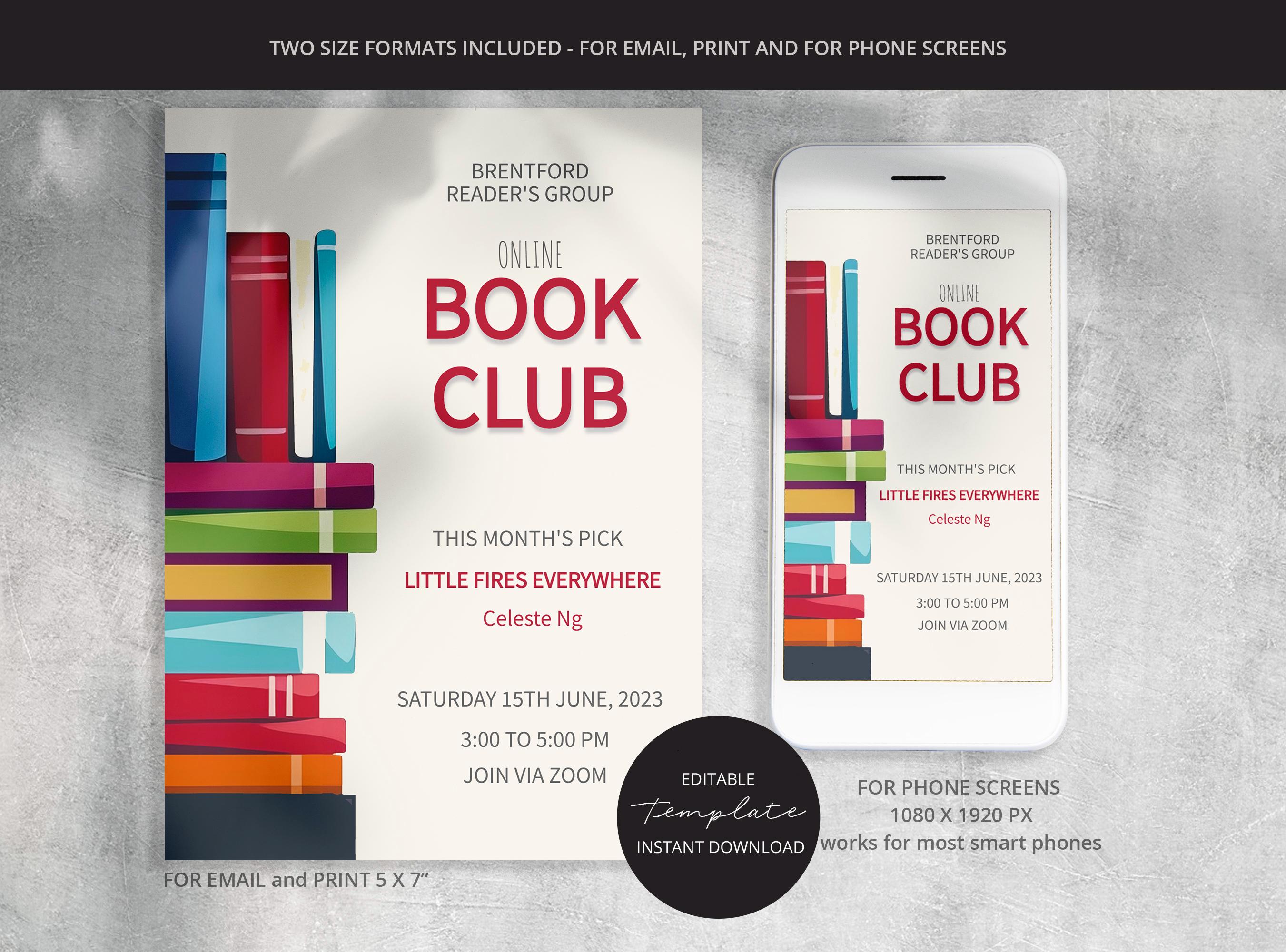 Editable BOOK CLUB Invitation Template, Editable Book Invite for Print ...