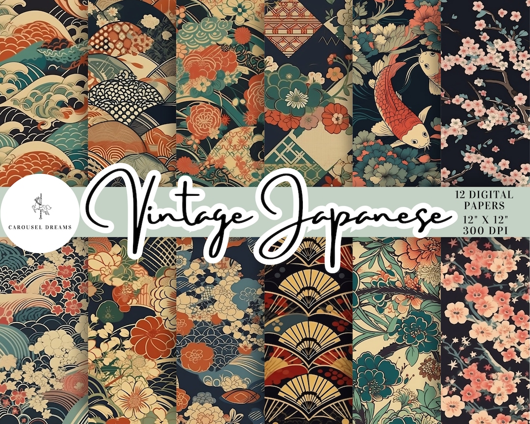 Vintage Japanese Digital Seamless Paper - 12 Pack. Sakura Wave Koi ...