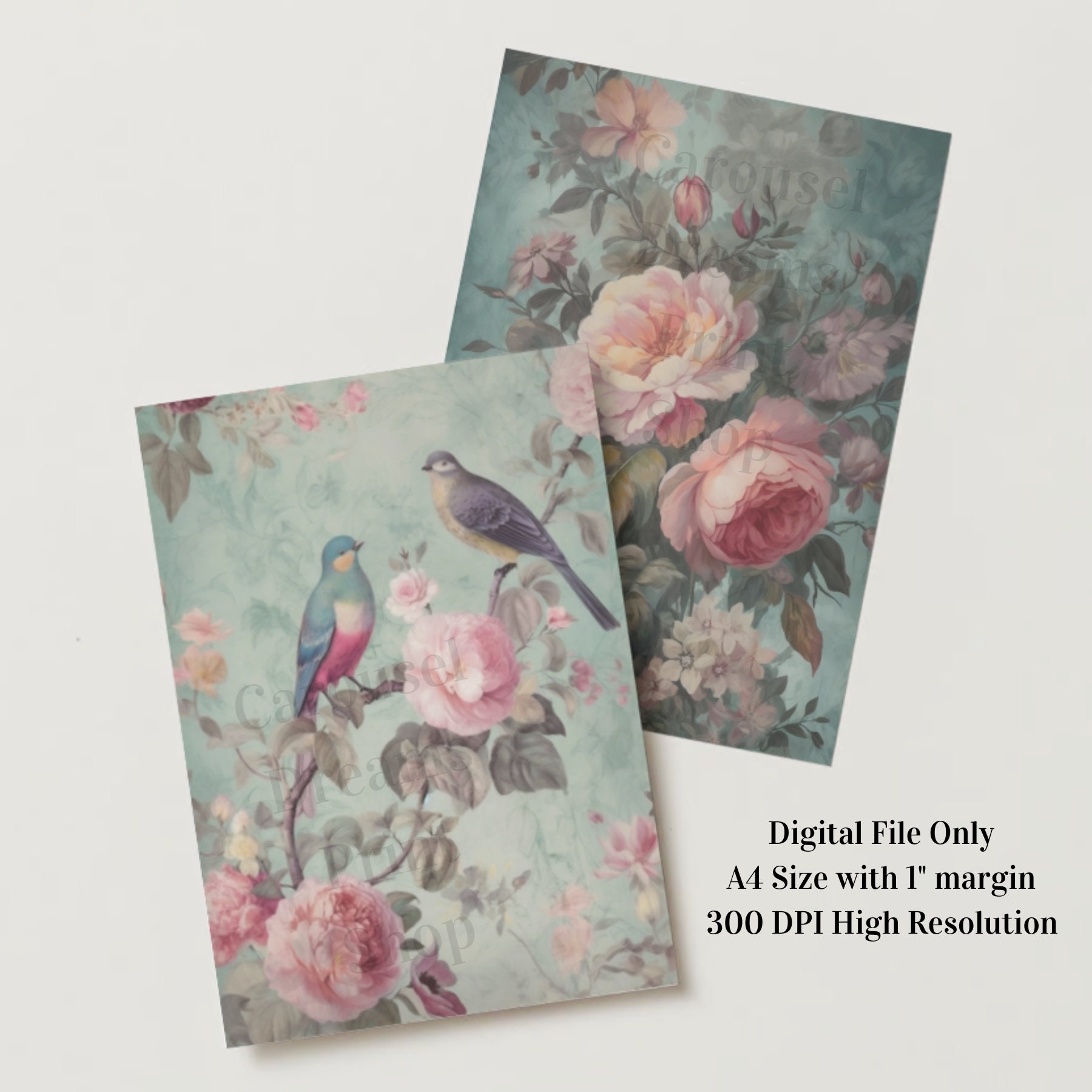 Shabby Chic Vintage Birds & Floral DIGITAL 12 X A4 Paper Pack INSTANT ...