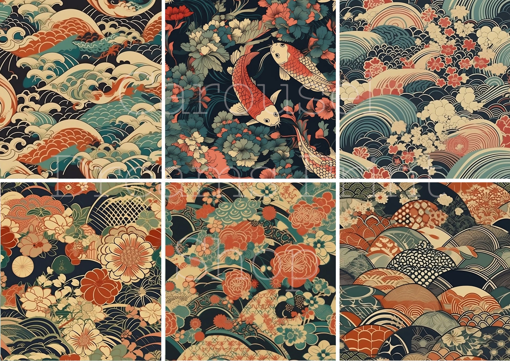 Vintage Japanese Digital Seamless Paper - 12 Pack. Sakura Wave Koi ...