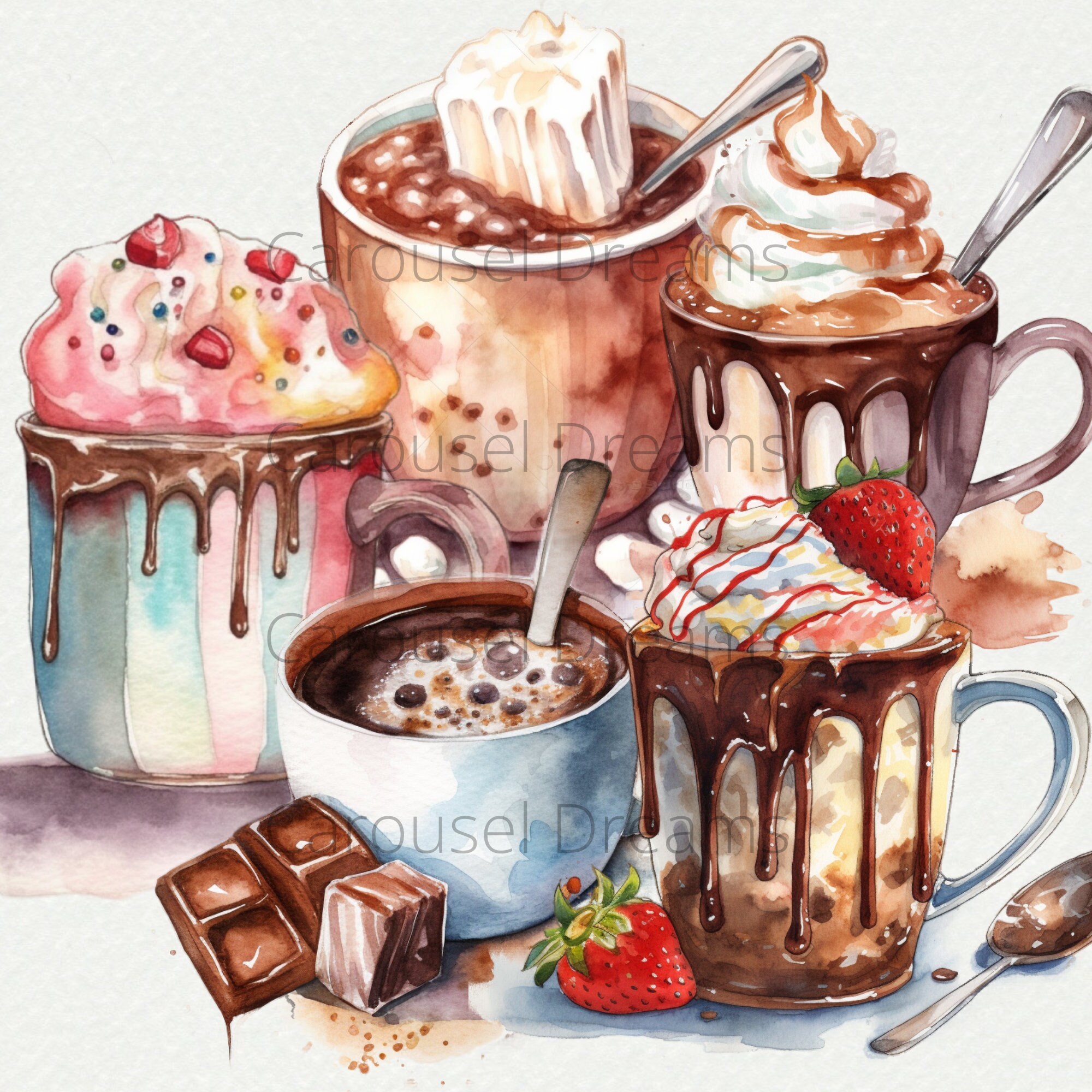 Hot Cocoa Clip Art Set - Cute Whimsical Winter Watercolor Png's ...