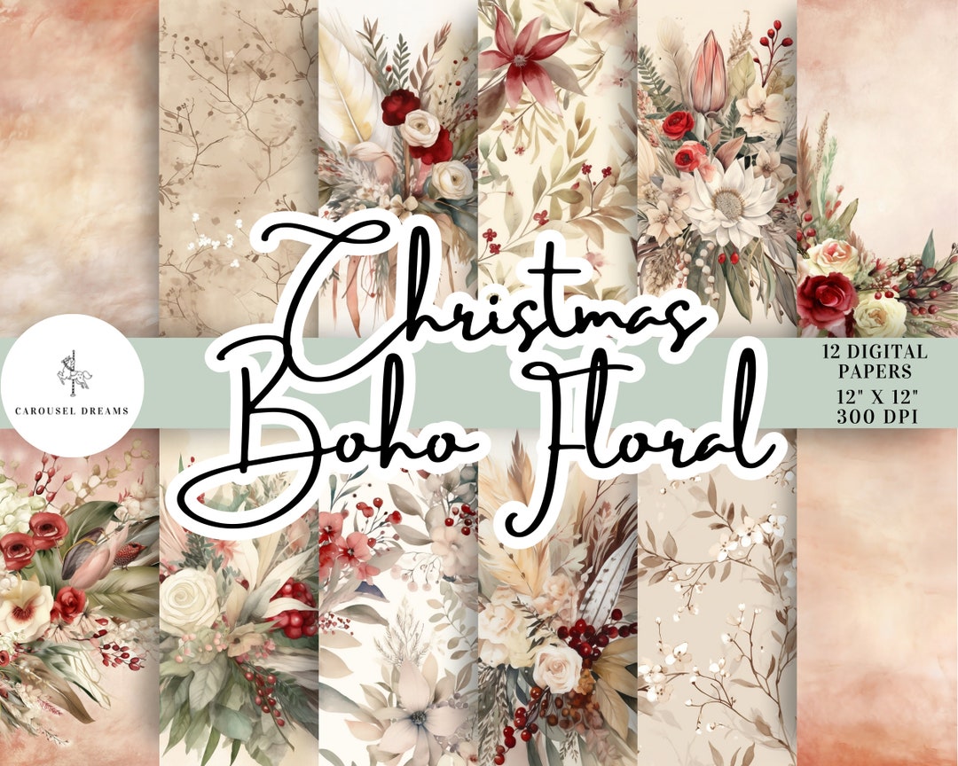 Boho Christmas Floral Paper Pack – Watercolor PNG Clipart (digital ...