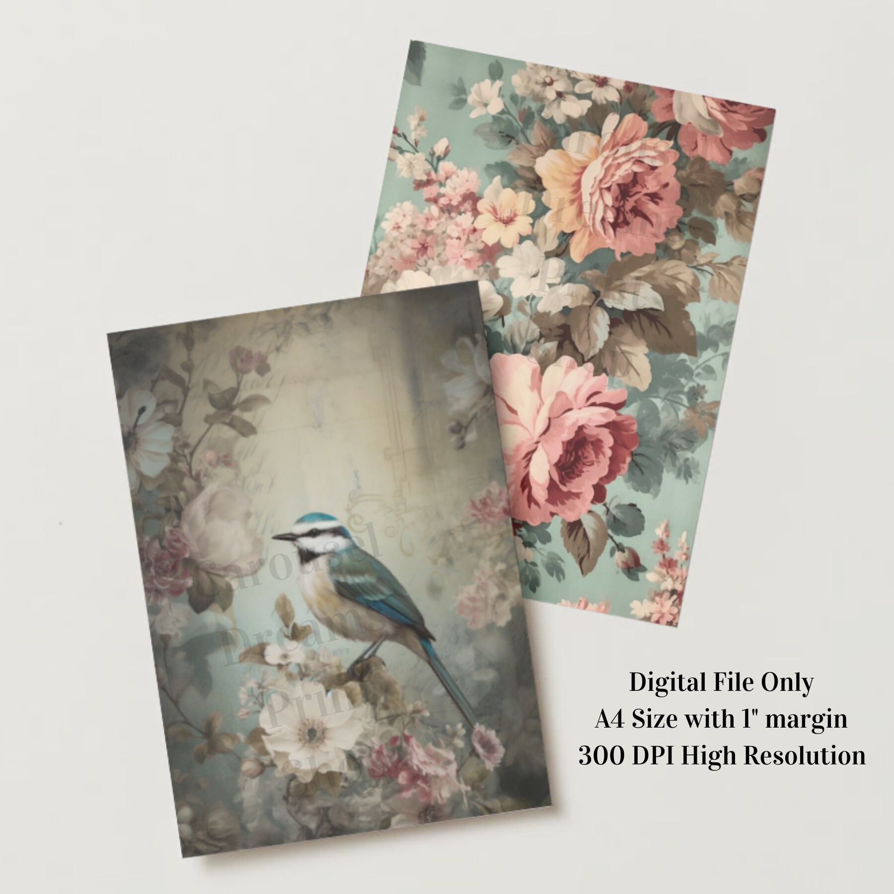 Shabby Chic Vintage Birds & Floral DIGITAL 12 X A4 Paper Pack INSTANT ...