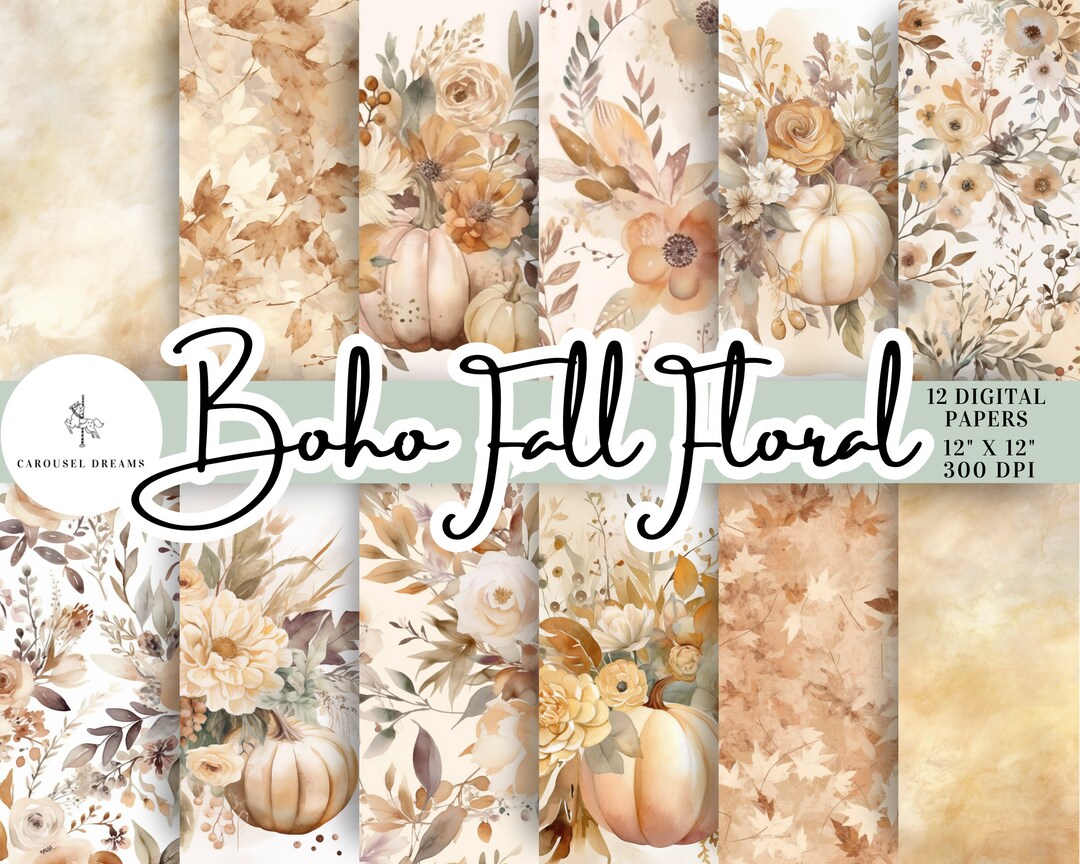 Boho Fall Floral Paper – Watercolor Pumpkin Scrapbook Backgrounds ...