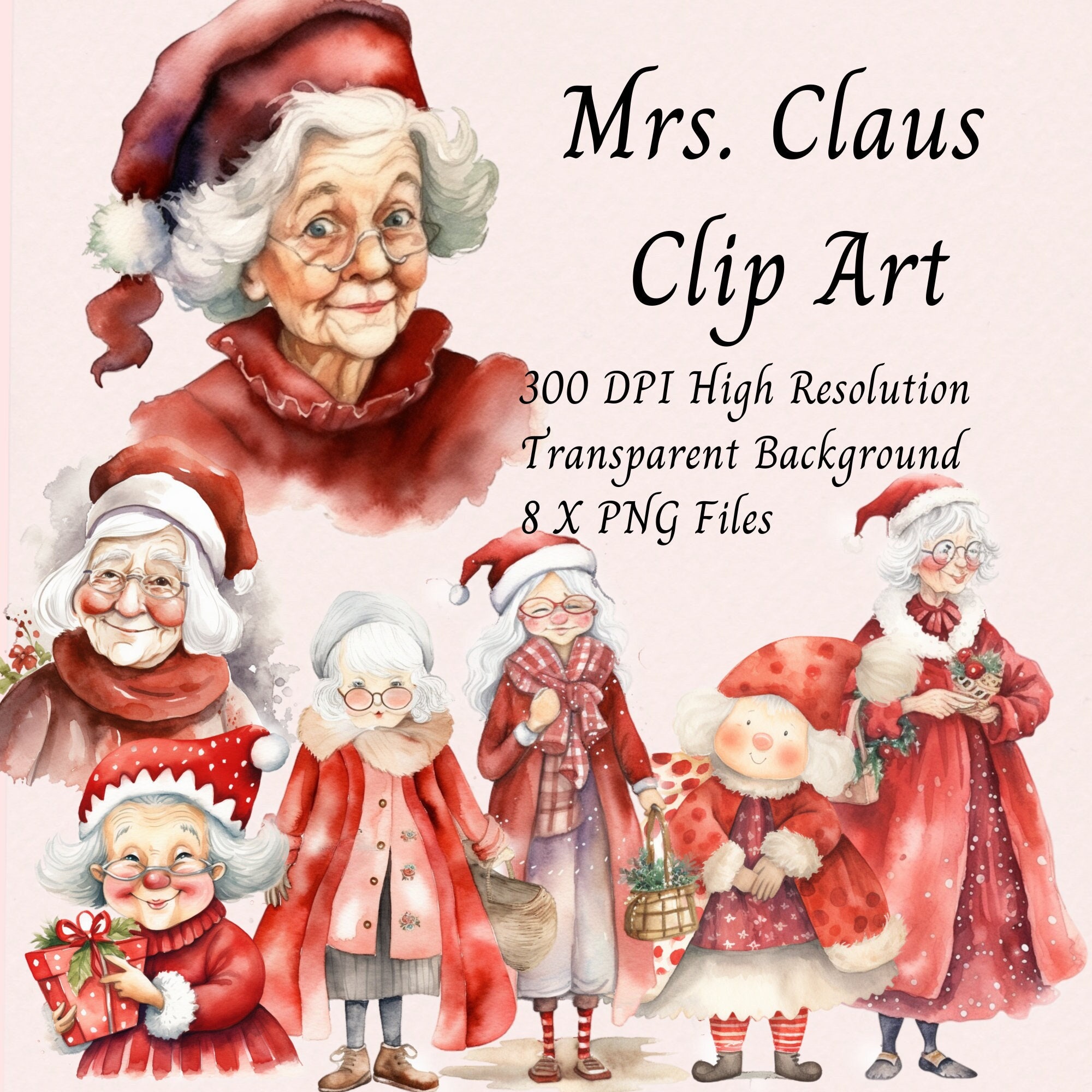 Mrs Claus Christmas Clip Art Set - Cute Whimsical Watercolor Png's. Mrs ...