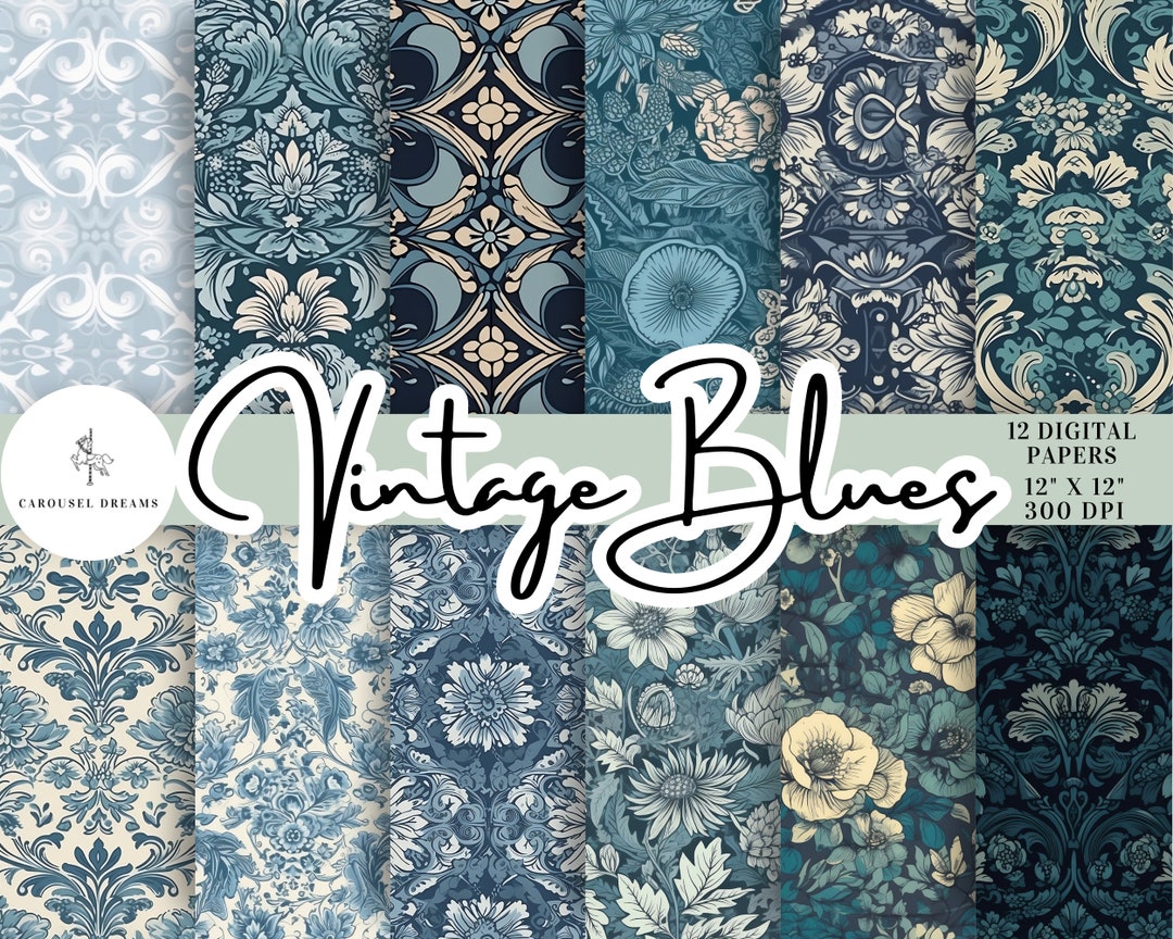 Vintage Blue Digital Seamless Paper 12 Pack - Digital Scrapbook Instant ...