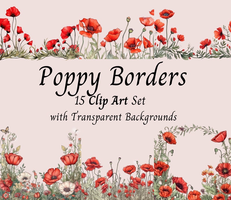 Poppy Flower Border Clipart Set Watercolor Floral Red Poppies Clip Art ...