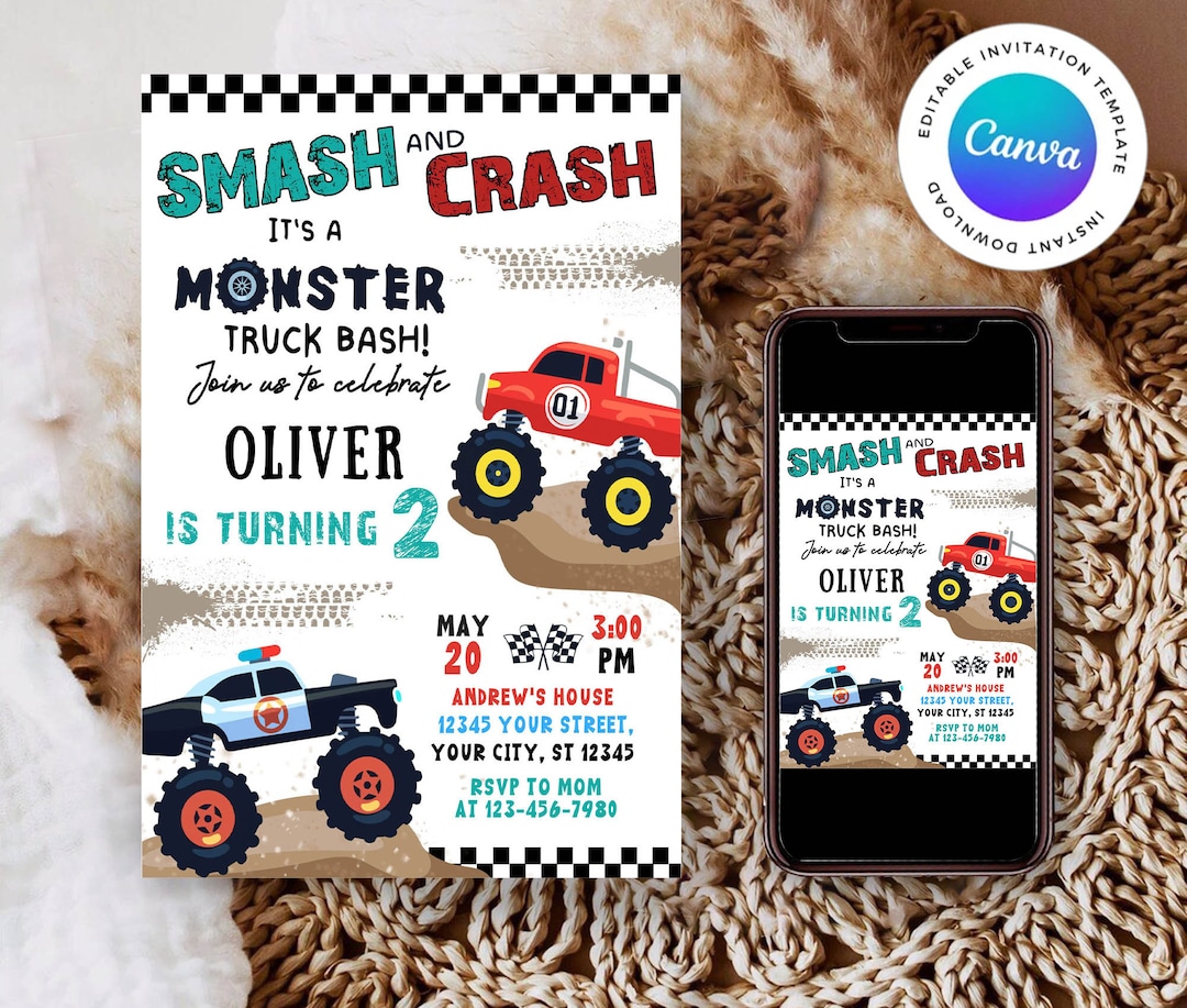 EDITABLE Monster Truck Birthday Invitation, Monster Trucks Invitation ...