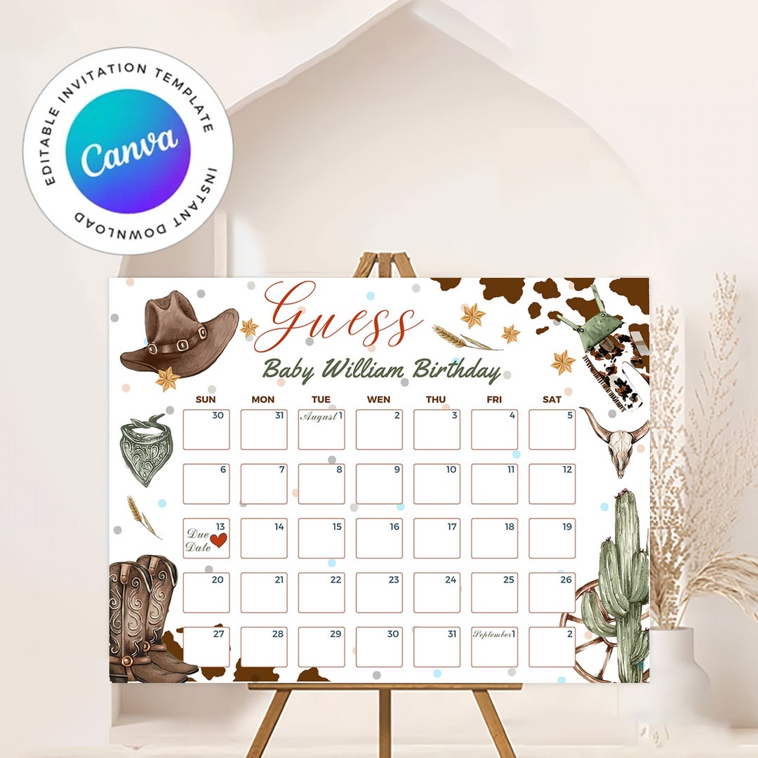 Cowboy Baby's Due Date Calendar, Western Baby Shower Calendar, Editable ...