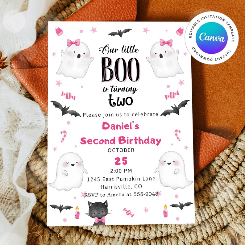 Editable Two Spooky Birthday Invitation Pink Boo 2nd Birthday - Etsy