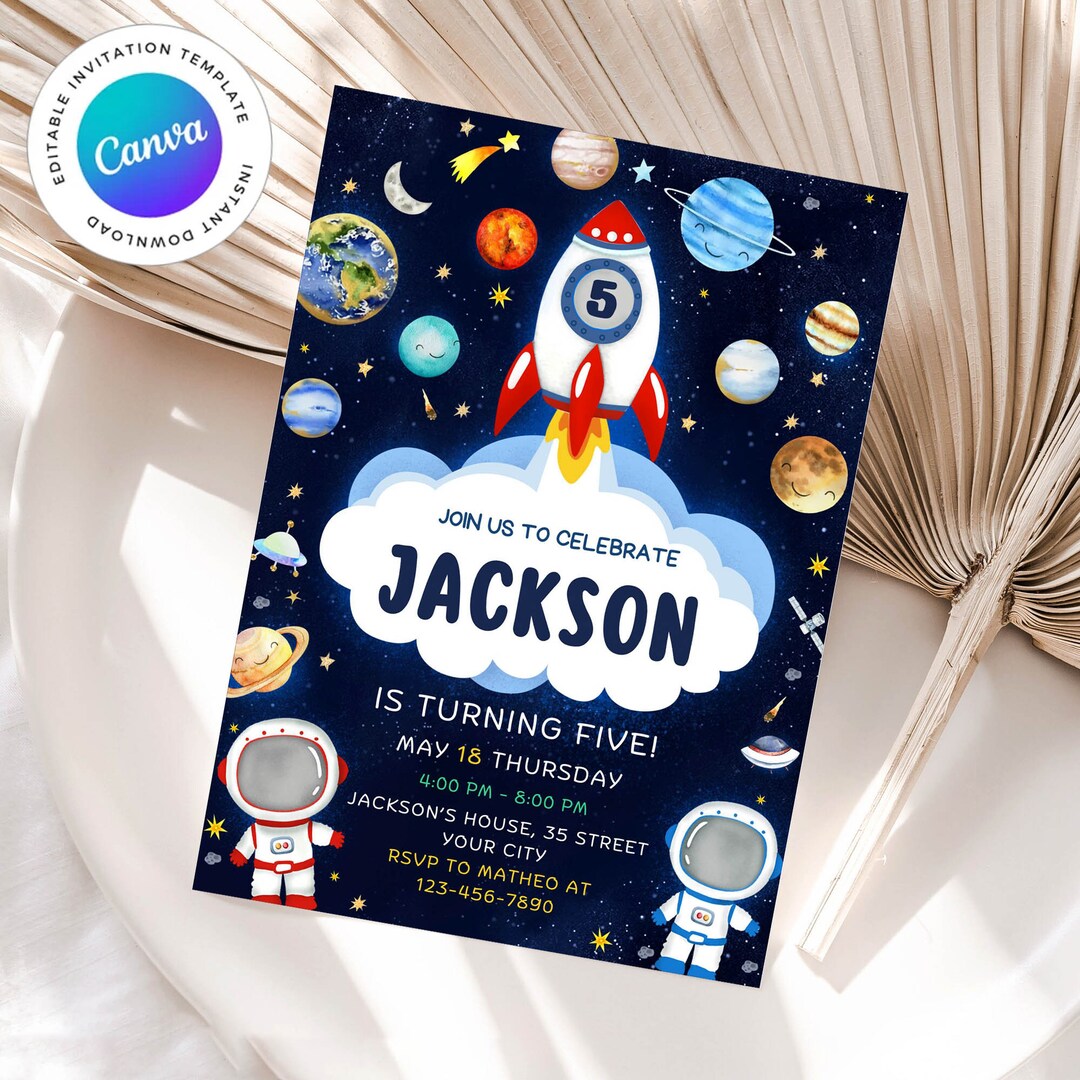 Outer Space Birthday Invitation Template, Planets Rocket Ship Astronaut ...