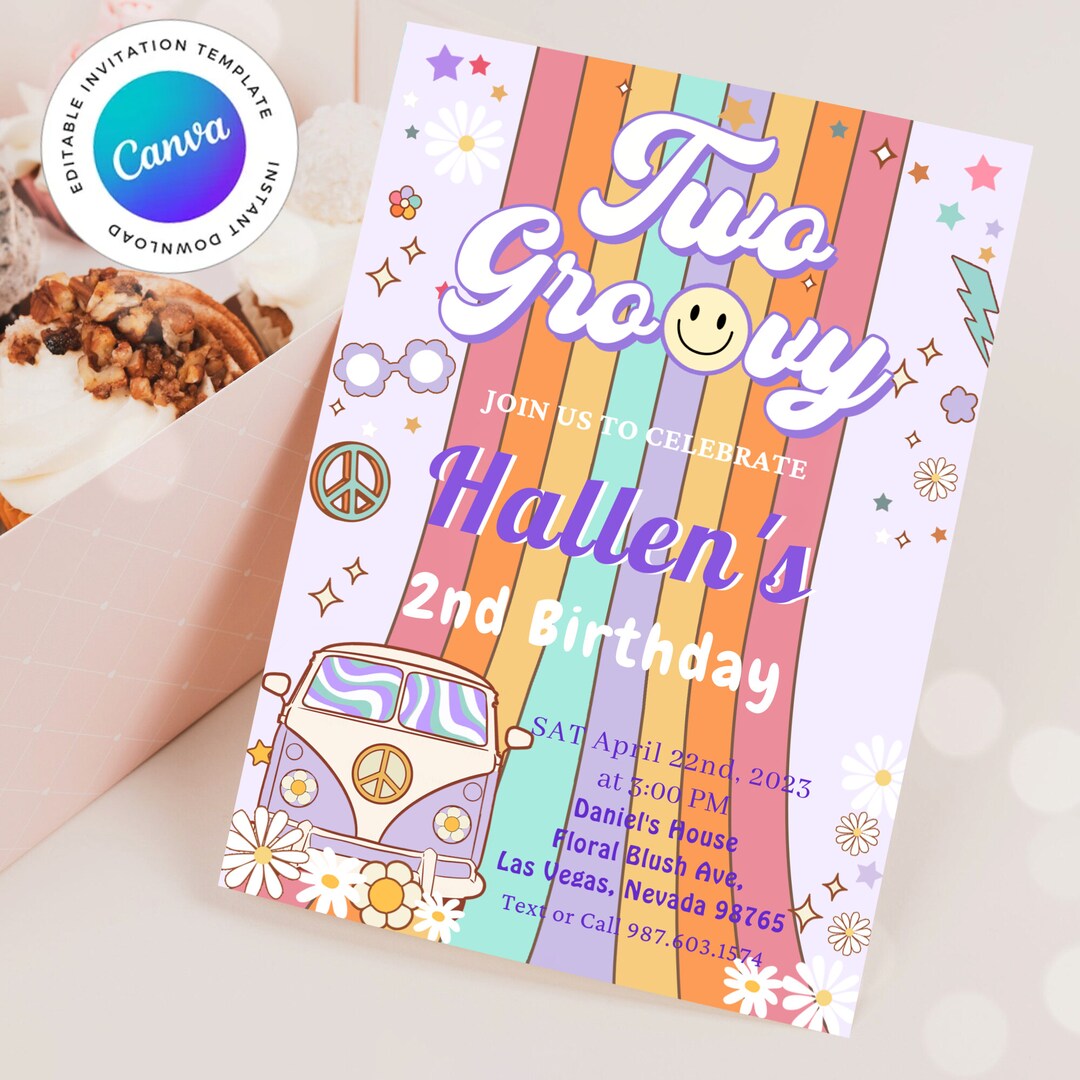 Editable TWO Groovy Birthday Invite, Two Groovy Invite, Groovy Birthday ...