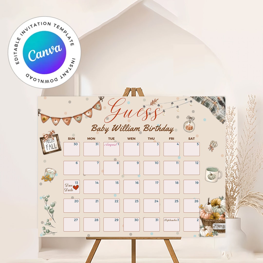 Editable Boho Fall Baby Shower Due Date Calendar, Fall Baby Shower ...