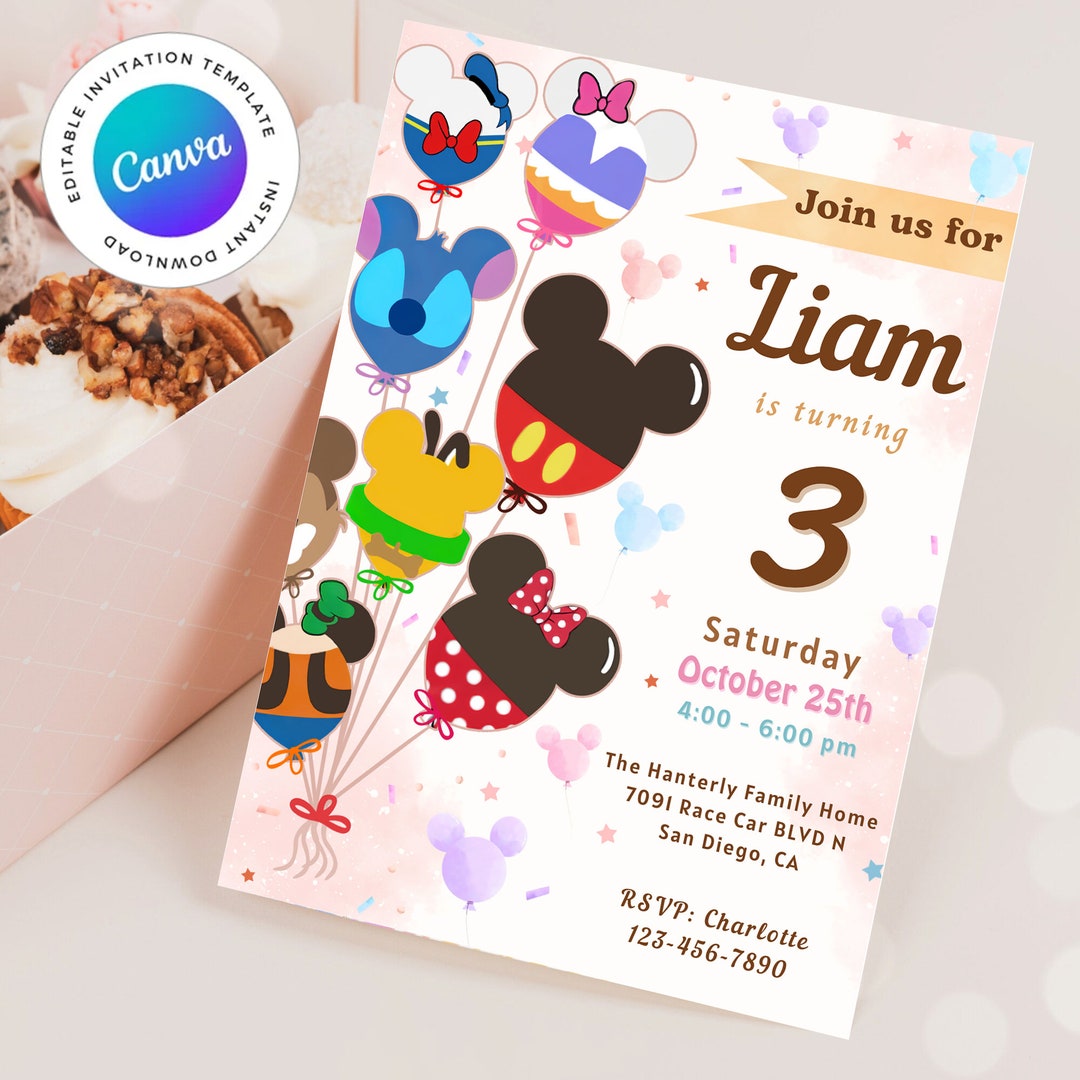 Editable Disneyland Birthday Girl Invitation, Mickey Balloon Invitation ...