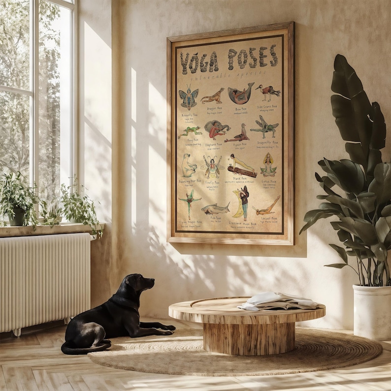 Yoga Poses Art Print Vintage Yoga With Animal Illustration Yoga Gift ...