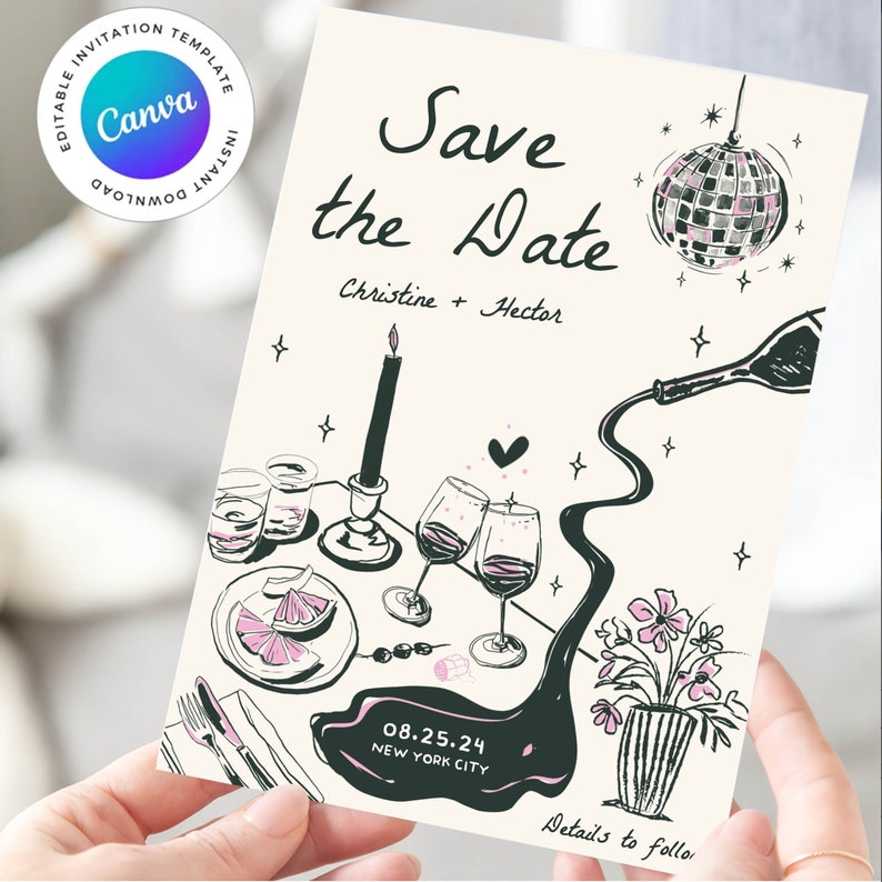 Hand Drawn Wedding Save the Date Template, Birthday Anniversary Dinner ...