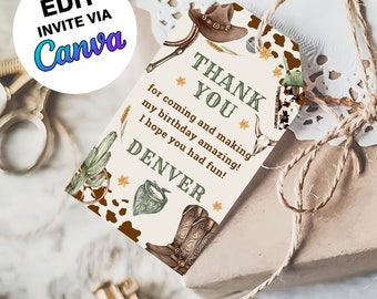 Cowboy Birthday Party Favor Tag Editable Template, Wild West Thank You ...